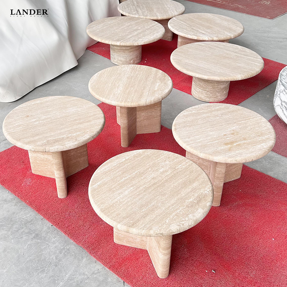 Triangular Leg Travertine Round Side Table - LanderStone
