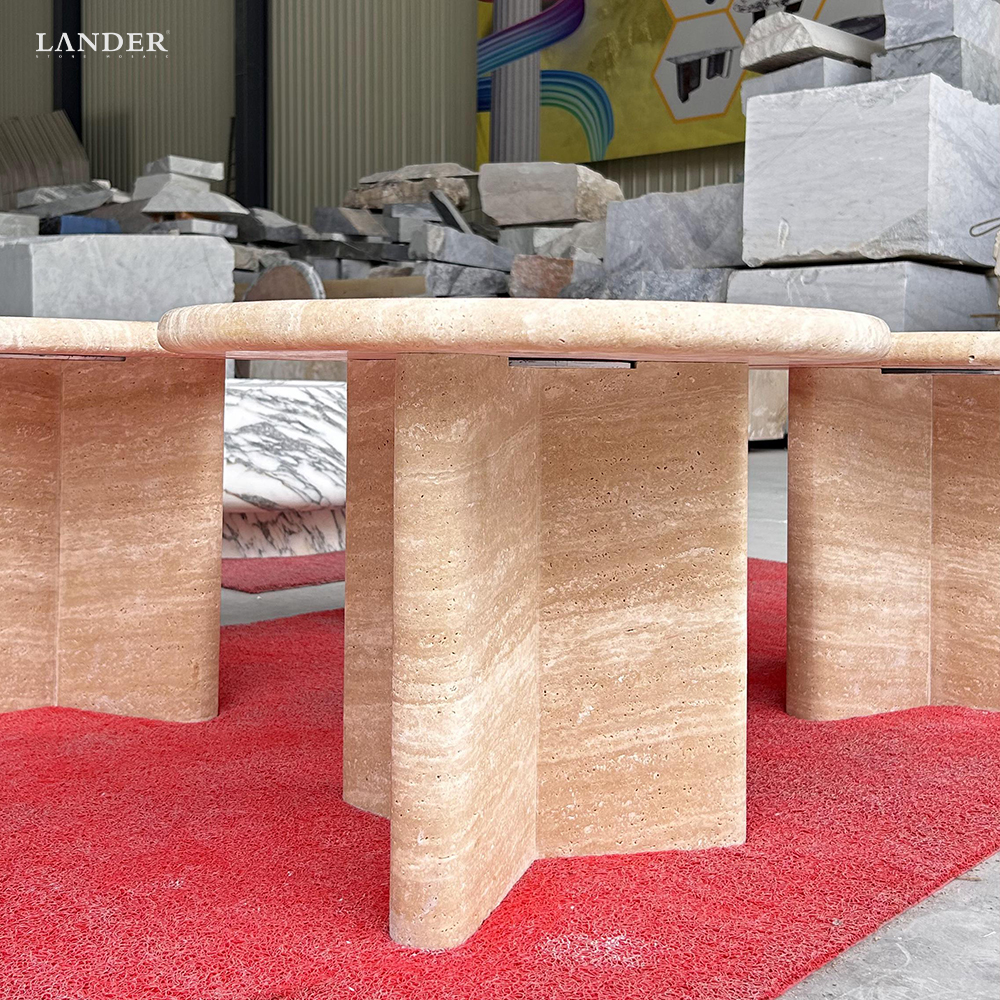 Triangular Leg Travertine Round Side Table - LanderStone