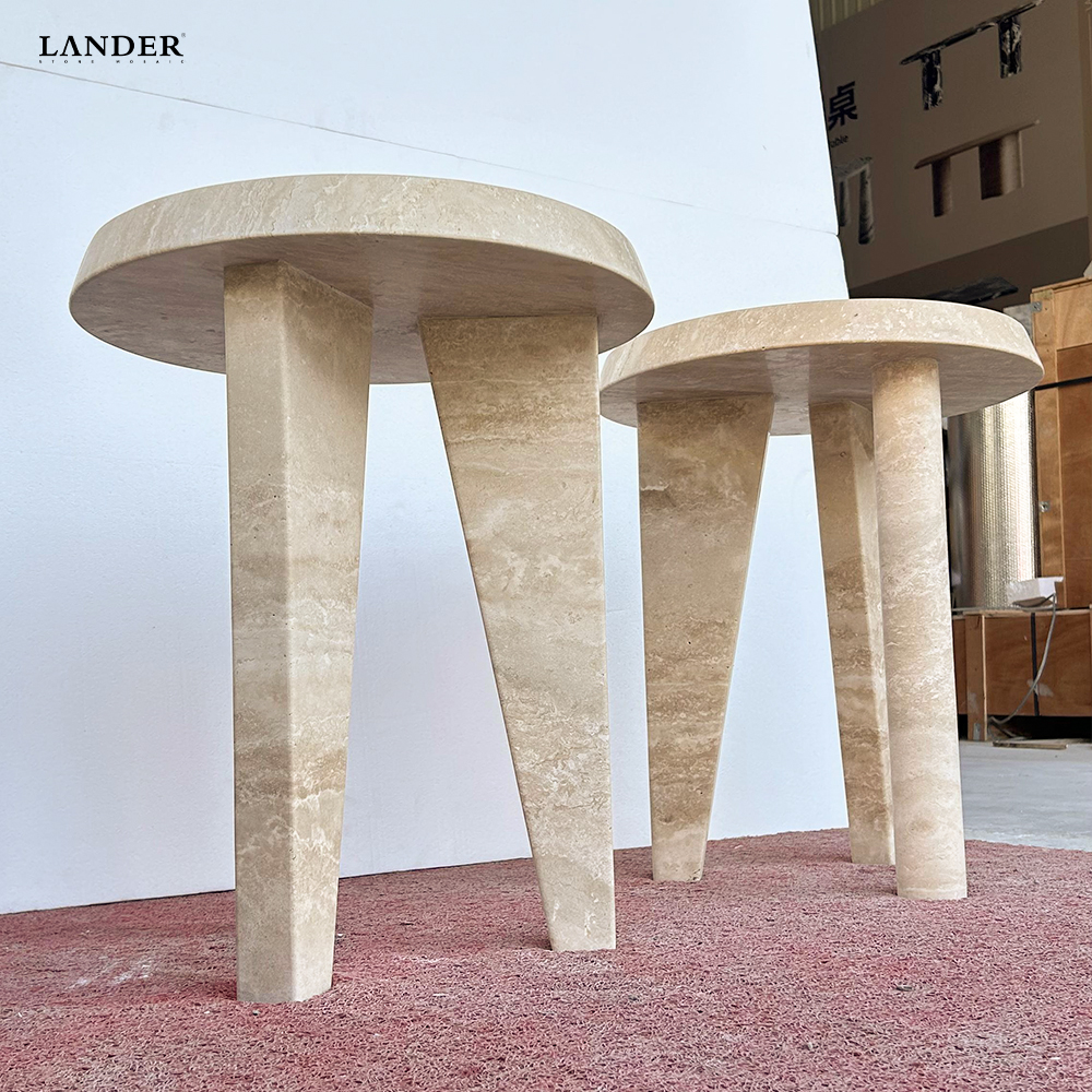 Travertine Tripod Side Table with Two Triangular Legs and One ...