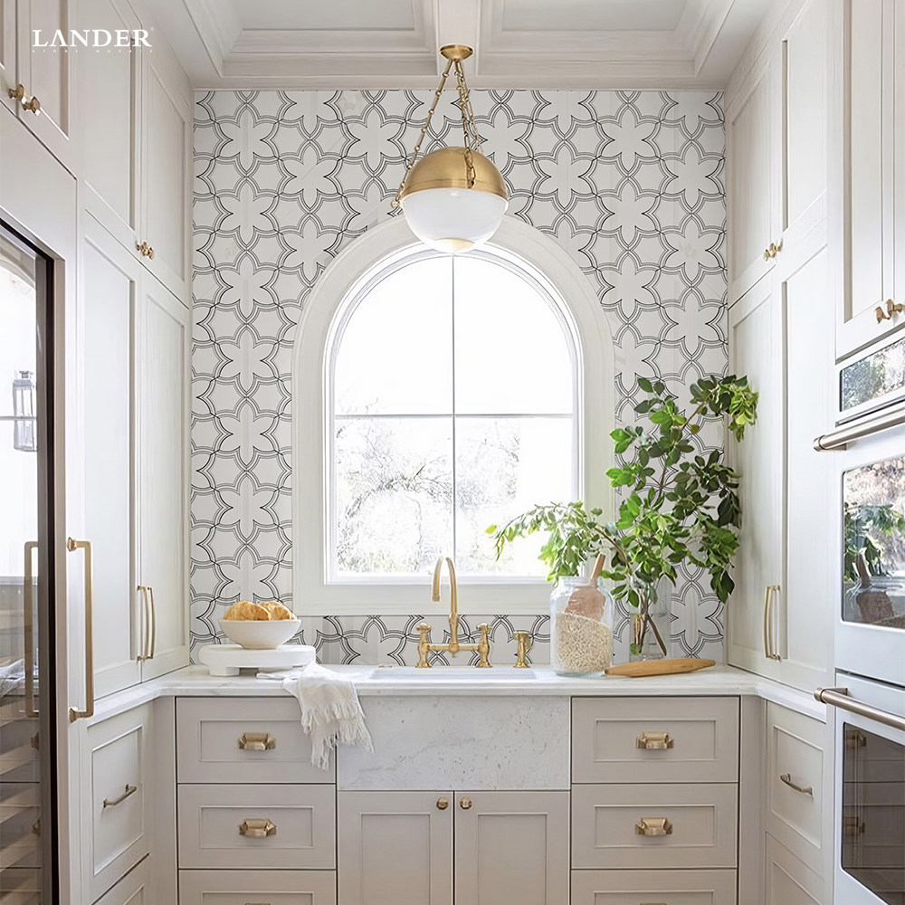 Water Jet Mosaic Tiles with Hexagons and Six-Petal Flowers - LanderStone