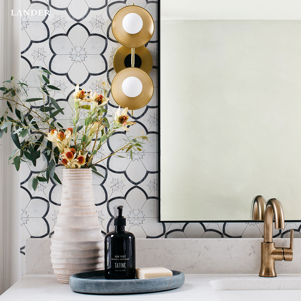 Water Jet Mosaic Tiles with Six Petal Flowers - LanderStone