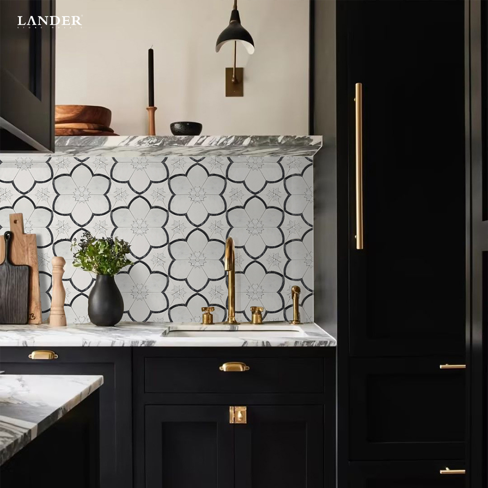 Water Jet Mosaic Tiles with Six Petal Flowers - LanderStone