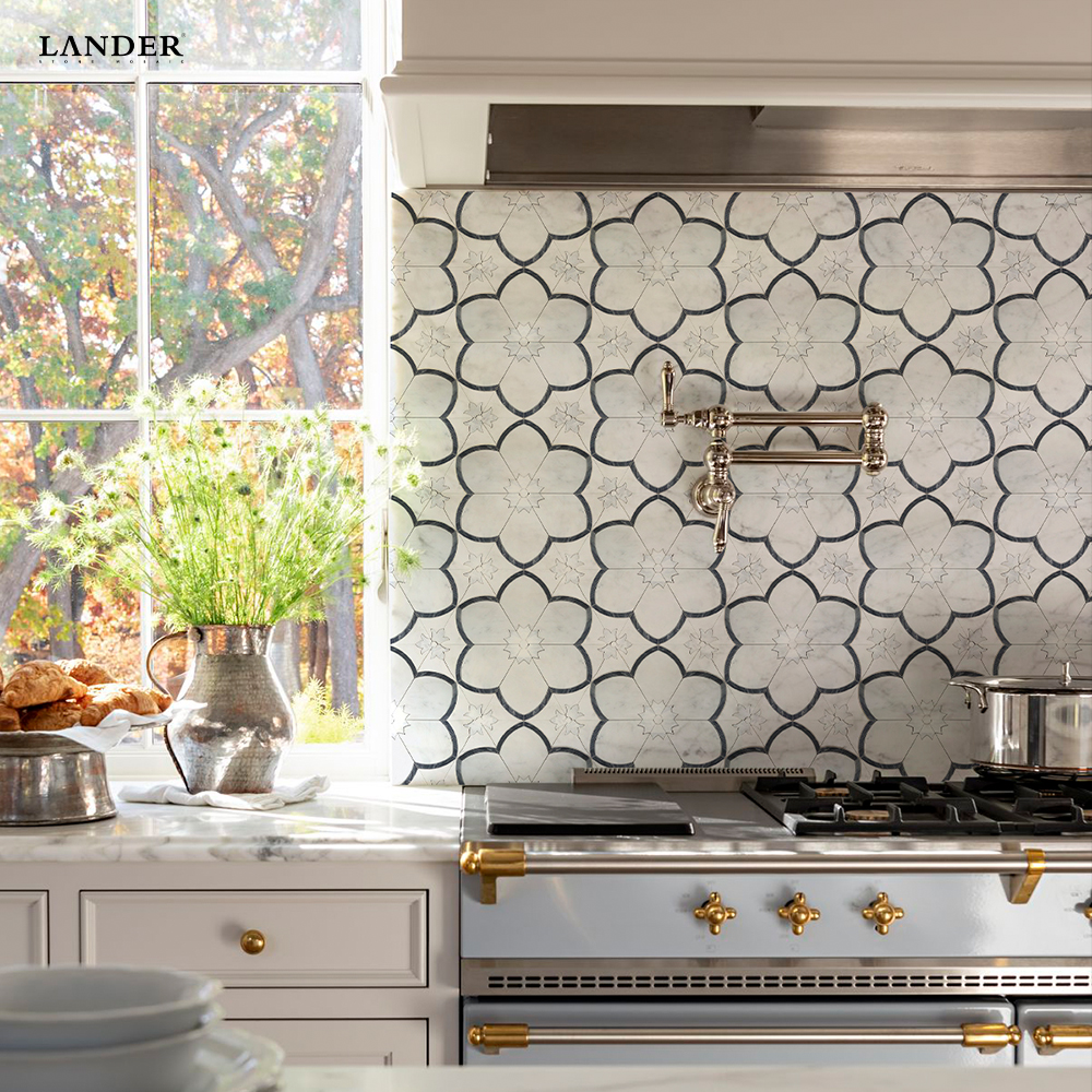 Water Jet Mosaic Tiles with Six Petal Flowers - LanderStone