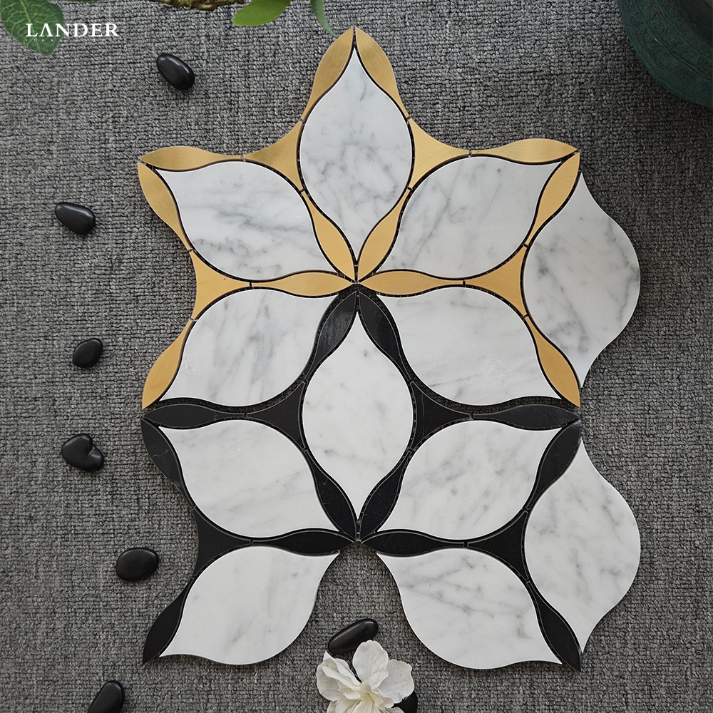 Water Jet Mosaic Tiles with Black and White Six Petals - LanderStone