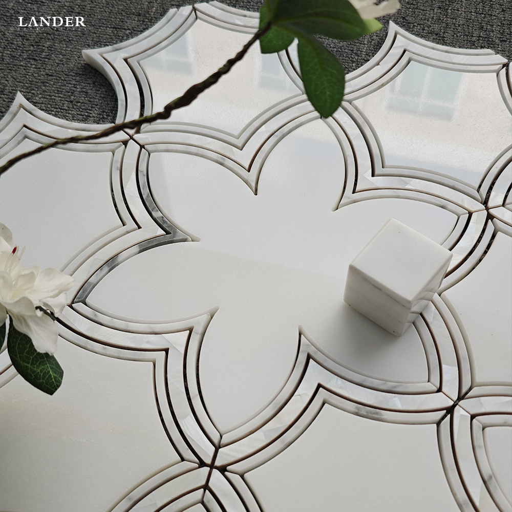 Water Jet Mosaic Tiles with Hexagons and Six-Petal Flowers - LanderStone