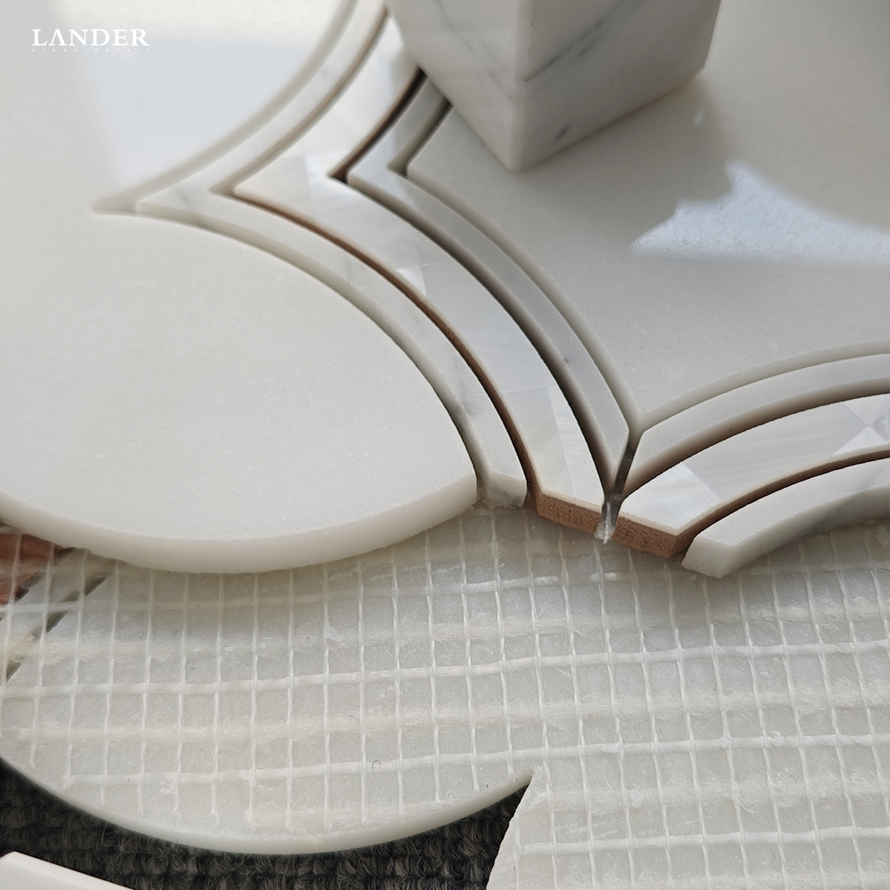 Water Jet Mosaic Tiles with Hexagons and Six-Petal Flowers - LanderStone