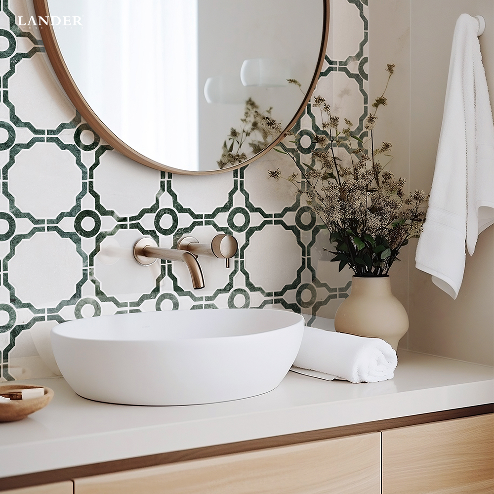 Landerstone WaterJet Marble Mosaic Tiles White and Green 10mm Thick for ...