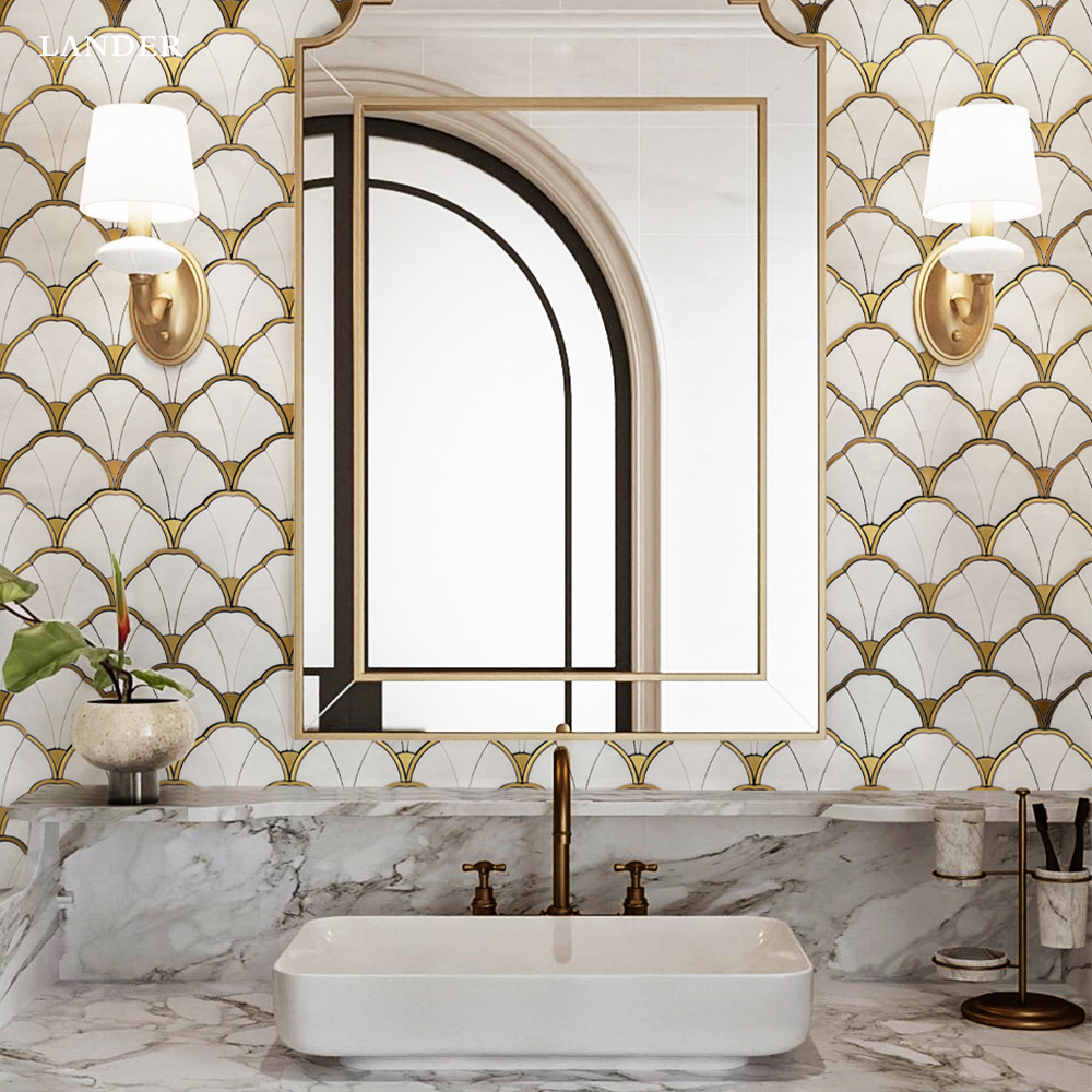 Marble Waterjet Mosaic Tiles With Luxurious Fan Shape For villa ...