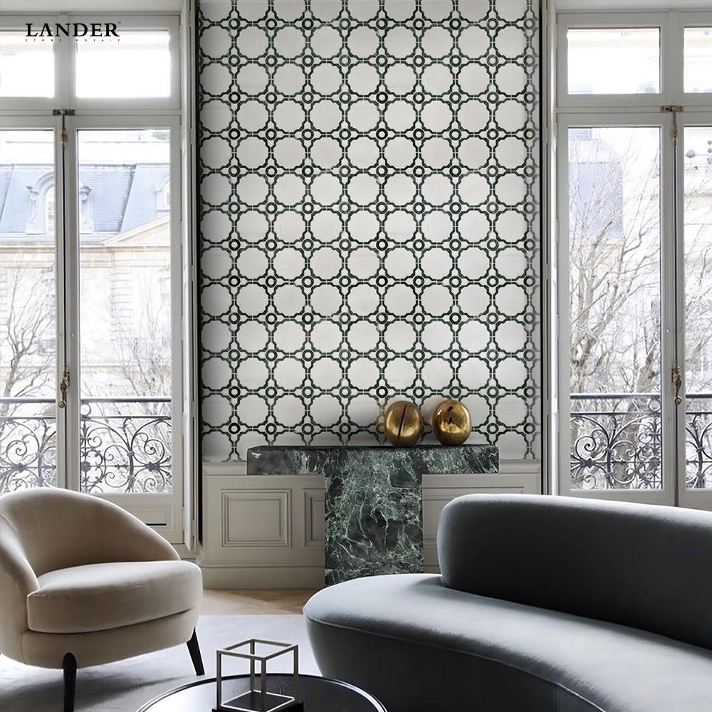 Landerstone WaterJet Marble Mosaic Tiles White and Green 10mm Thick for ...