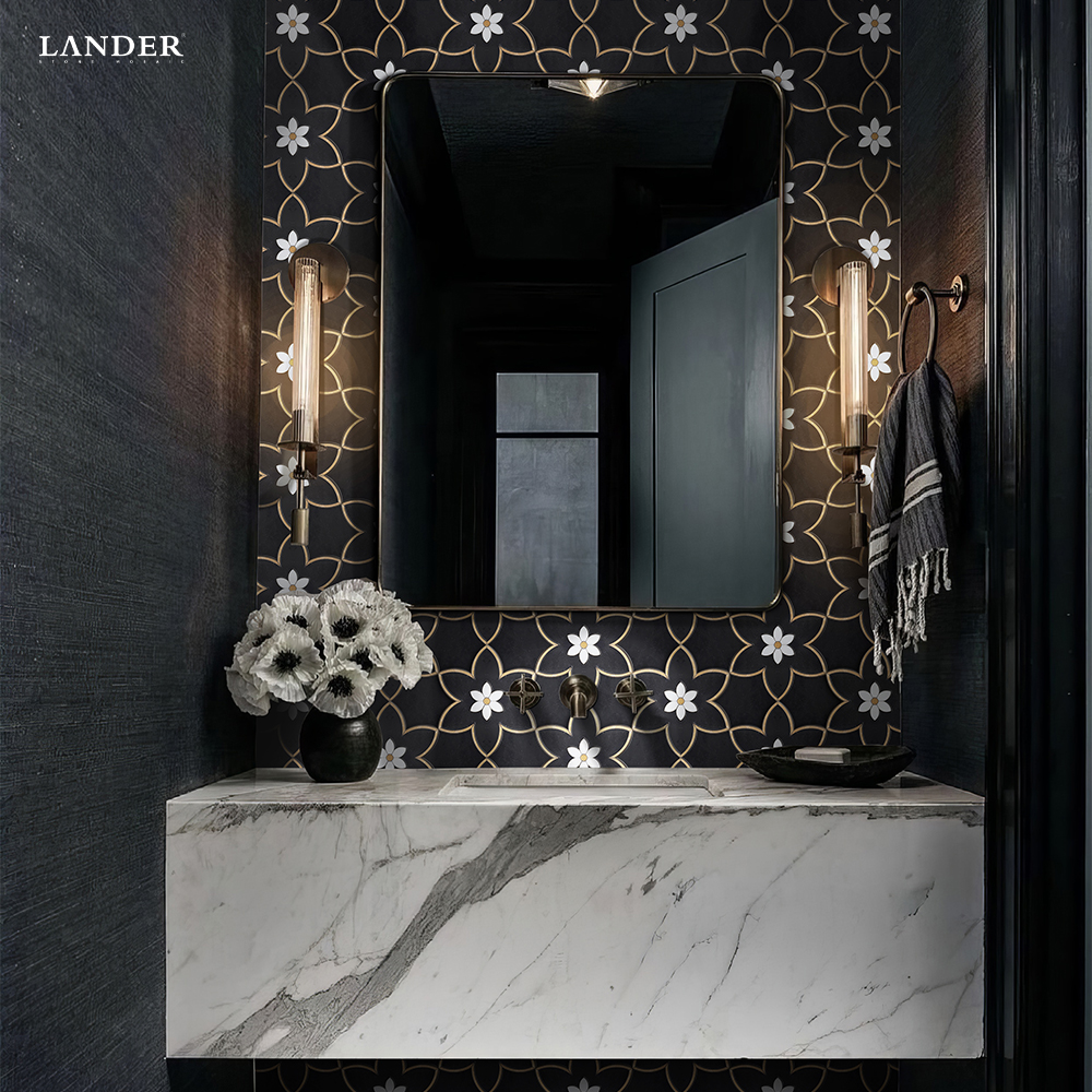 Marble Waterjet Mosaic Tiles with Flower Shape In Bathroom - LanderStone