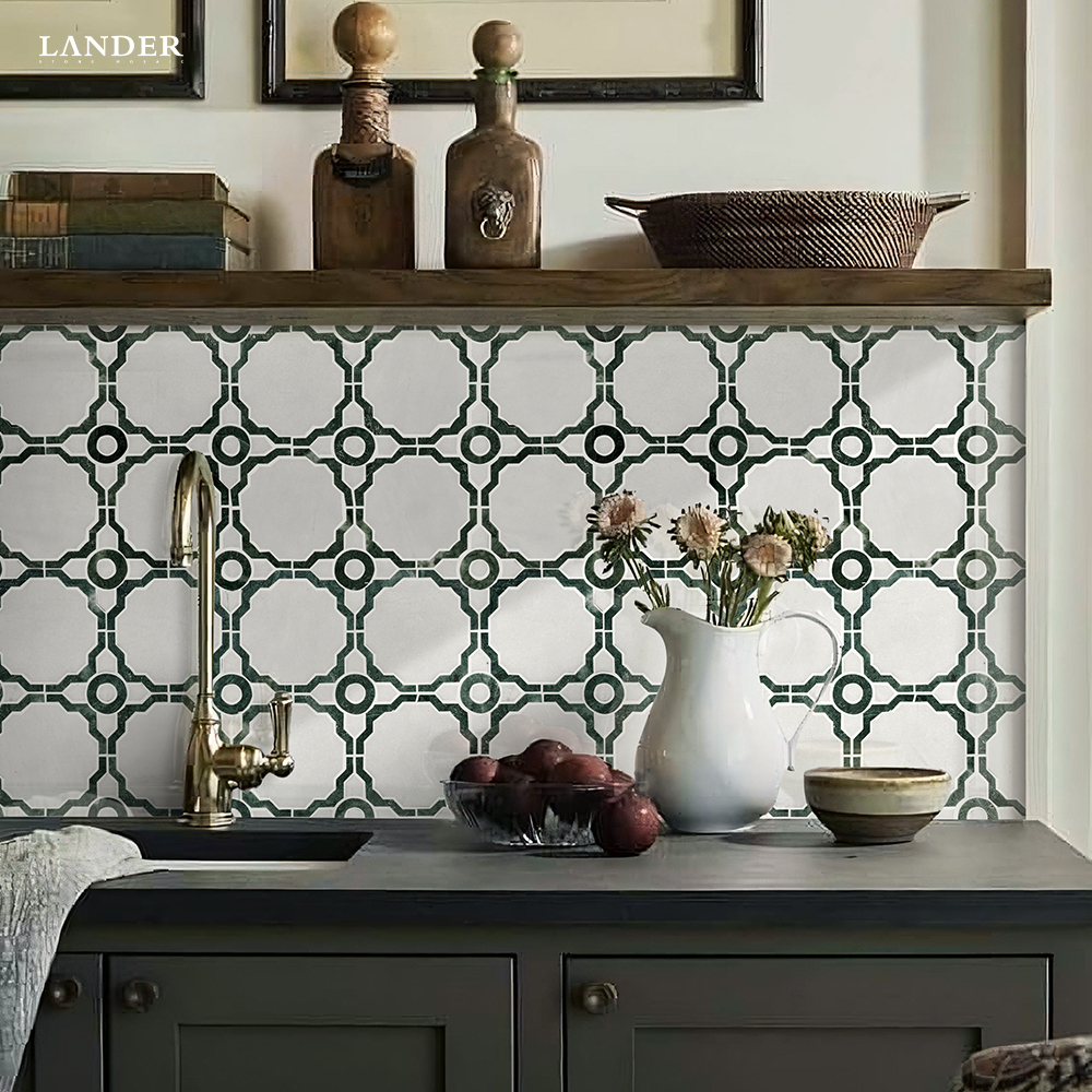 Landerstone WaterJet Marble Mosaic Tiles White and Green 10mm Thick for ...