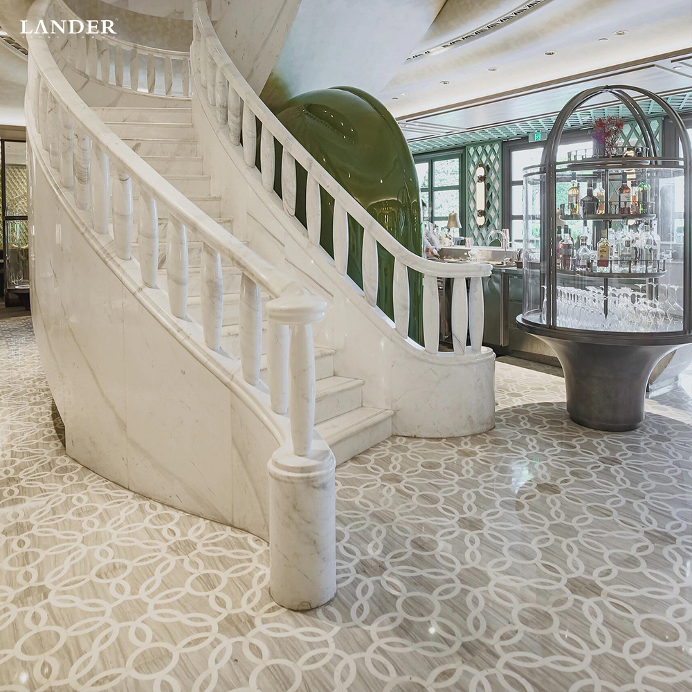 White Wood Grain and Sivec Marble Waterjet Marble Parquet - LanderStone