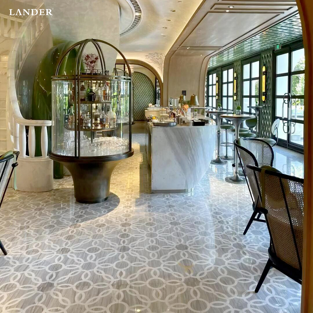 White Wood Grain and Sivec Marble Waterjet Marble Parquet - LanderStone