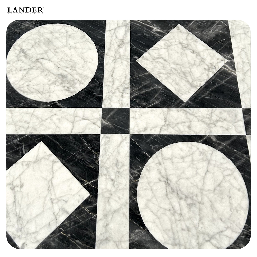 Carrara White and Italian Grey Waterjet Marble Parquet - LanderStone