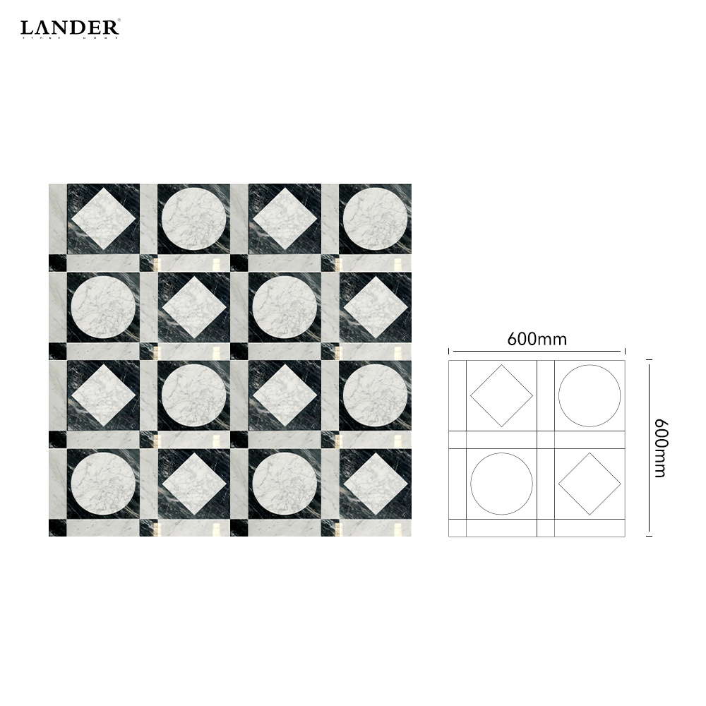 Carrara White and Italian Grey Waterjet Marble Parquet - LanderStone