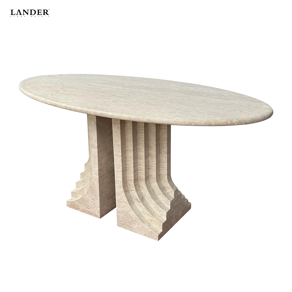 Beige Travertine Marble Dining Table Table Leg Step Design - LanderStone