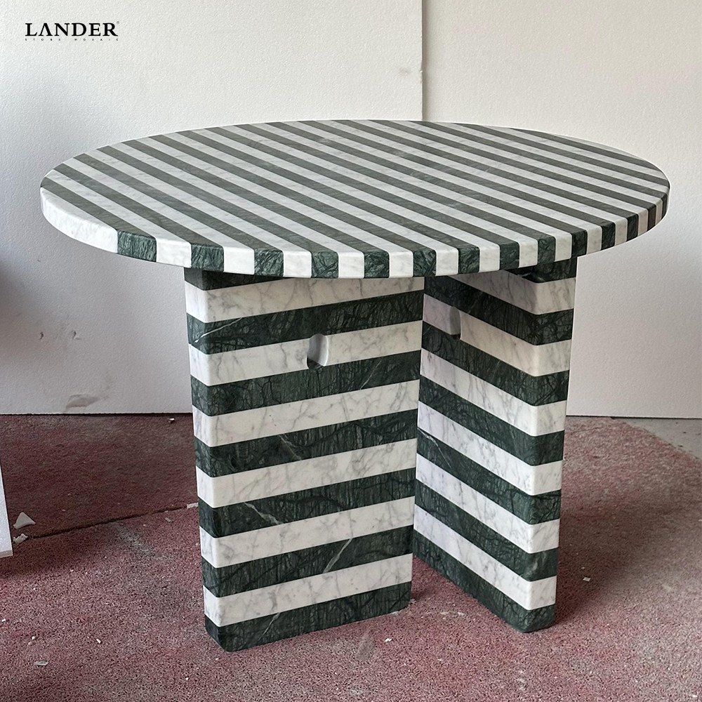 Green And White Staggered Marble Dining Table - LanderStone