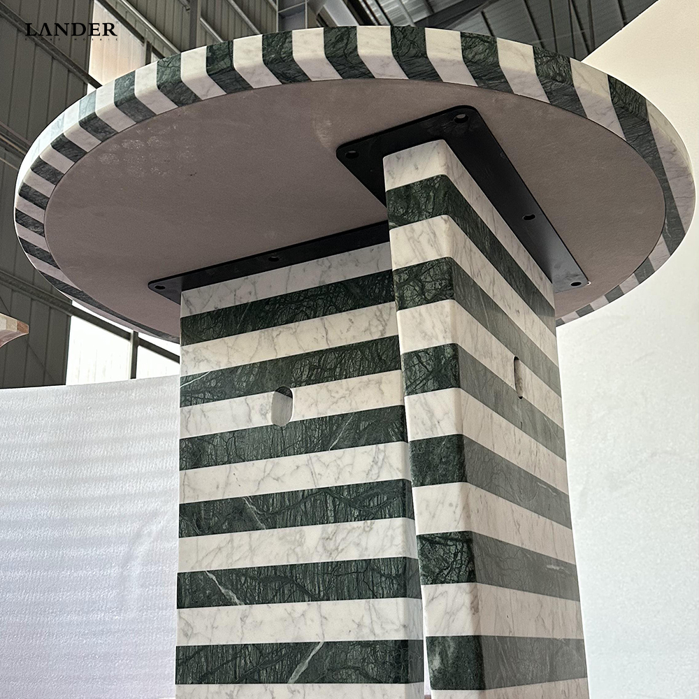 Green And White Staggered Marble Dining Table - LanderStone