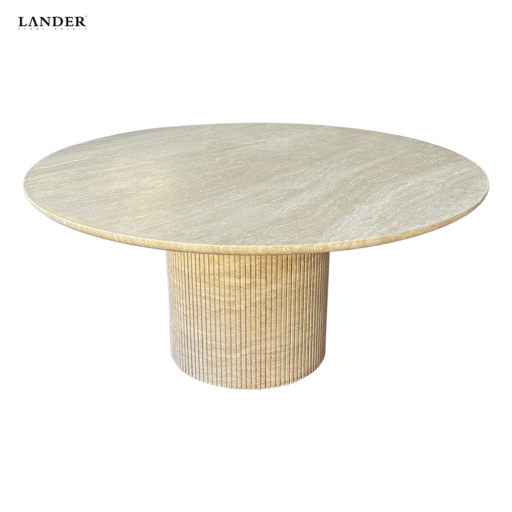 Beige Travertine Round Marble Dining Table with Wavy Legs - LanderStone