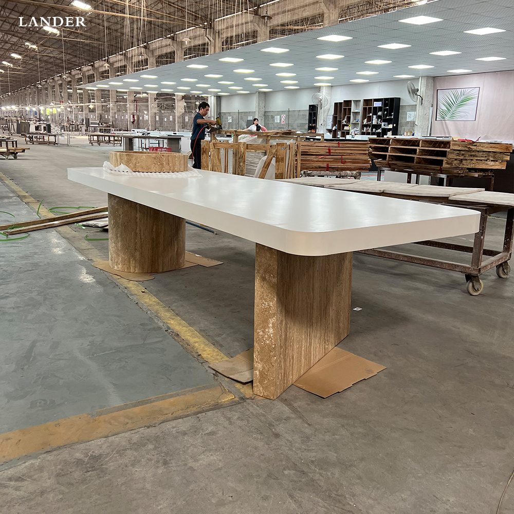White Sintered Stone and Gold Travertine Marble Island Table - LanderStone