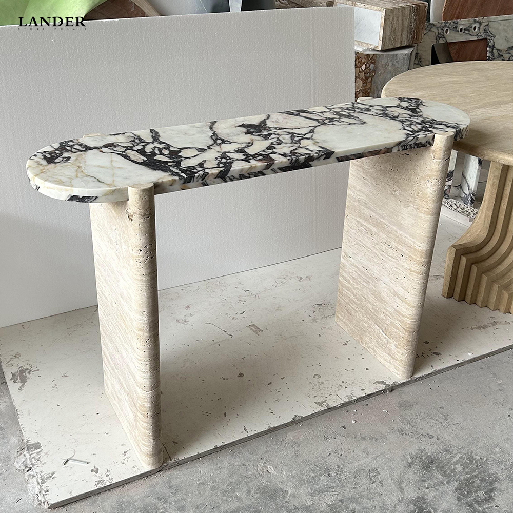 Calacatta Viola Marble Console Table with Travertine Leg - LanderStone