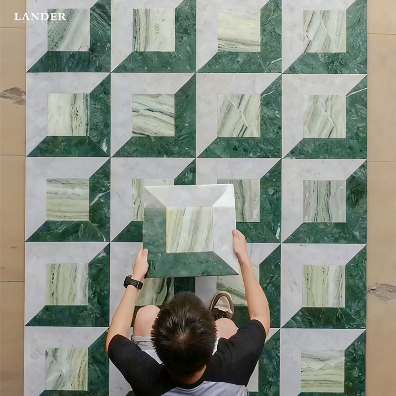 Shangrila Green and Thassos White Marble Mosaic Tiles - LanderStone