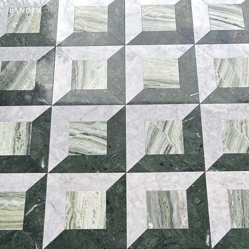 Shangrila Green and Thassos White Marble Mosaic Tiles - LanderStone