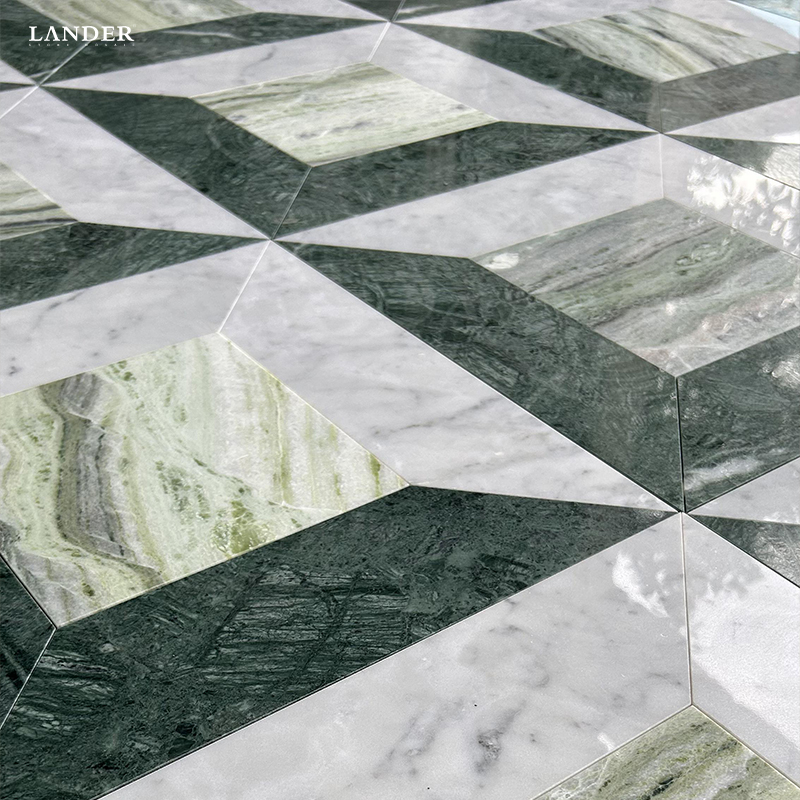 Shangrila Green and Thassos White Marble Mosaic Tiles - LanderStone