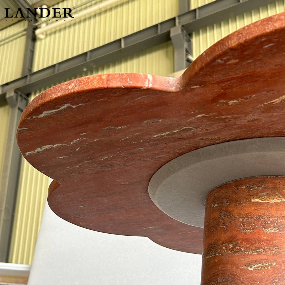 Red Travertine Flower Design Marble Side Table - LanderStone