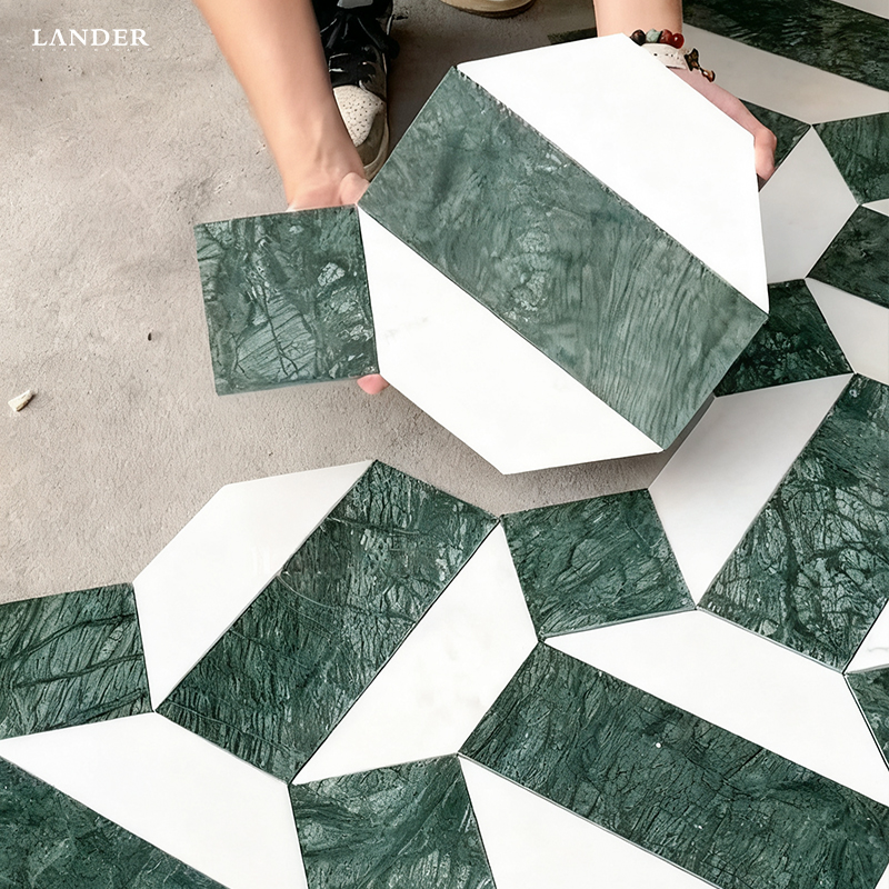 Verde Guatemala and Oriental White Marble Mosaic Tile Octagon Design ...