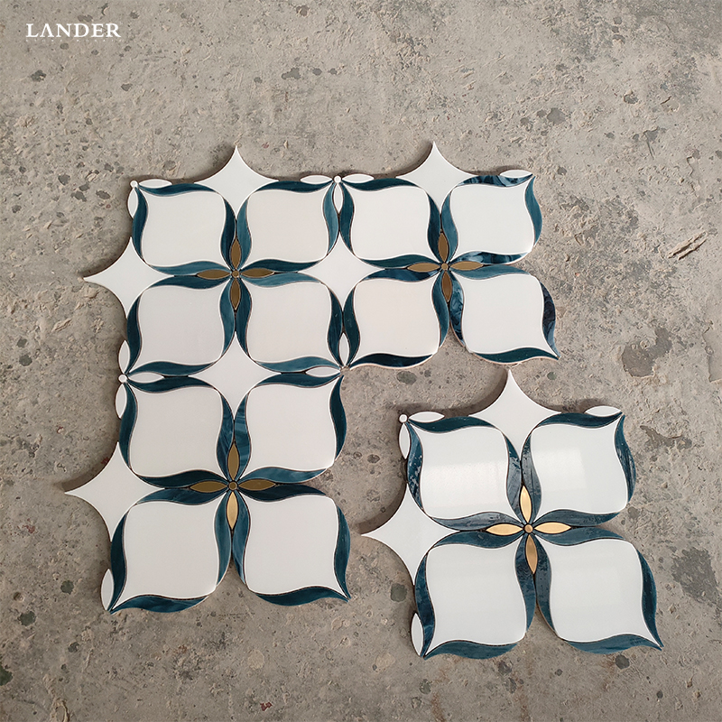 White Jade and Stained Glass Waterjet Marble Mosaic Tile - LanderStone