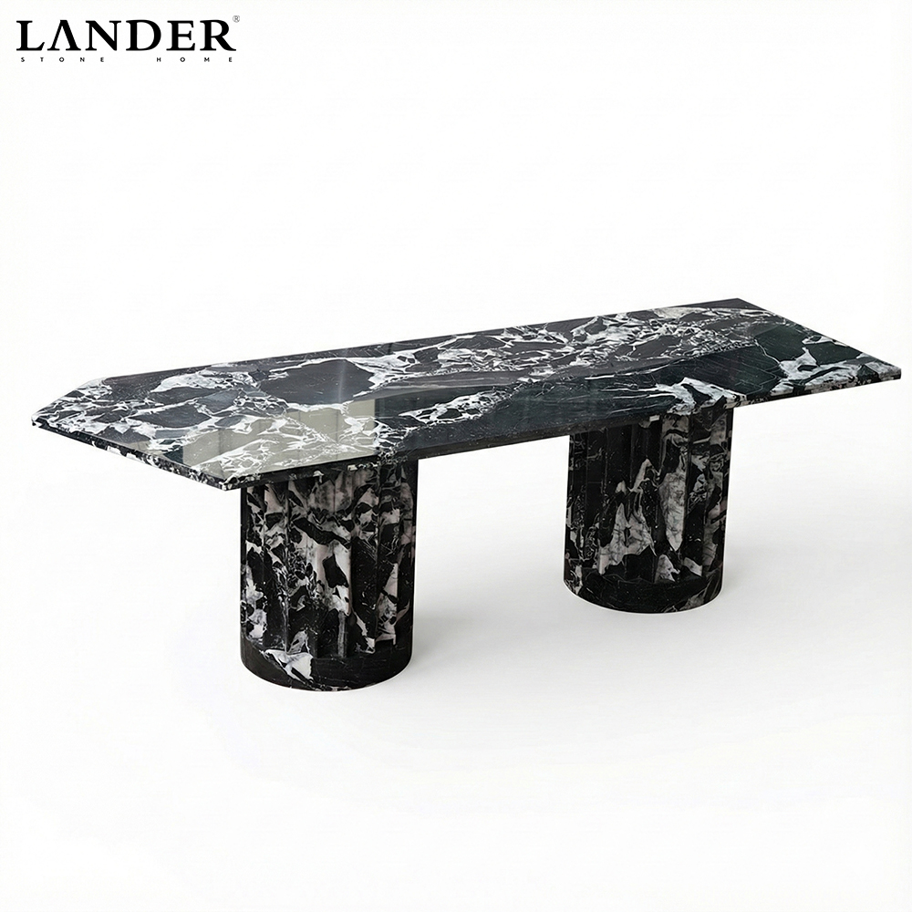 Noir Grand Antique Marble Dining Table with Roman Column Legs - LanderStone