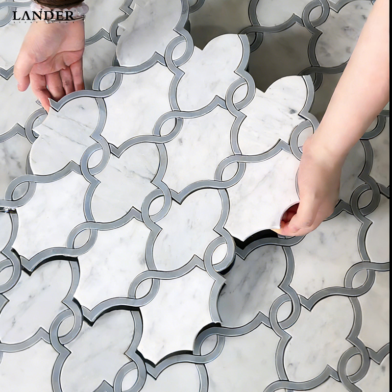 Bianco Carrara and Italy Gray Marble Waterjet Mosaic Tiles - LanderStone
