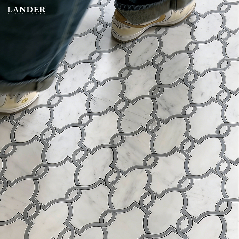 Bianco Carrara and Italy Gray Marble Waterjet Mosaic Tiles - LanderStone