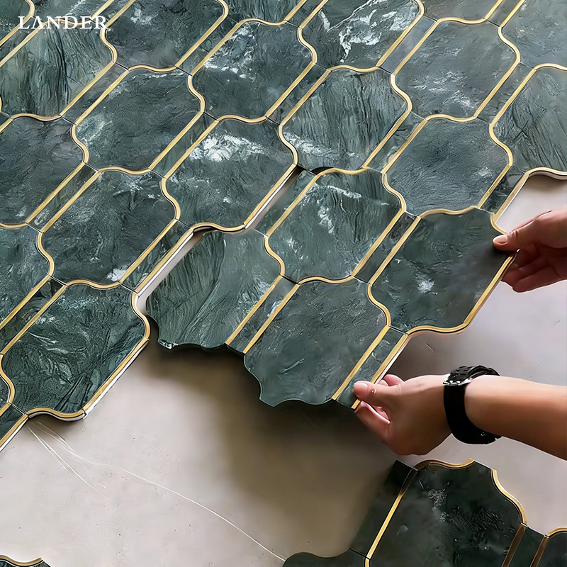 Verde Guatemala Marble and Metal Waterjet Mosaic Tiles Lantern Style ...