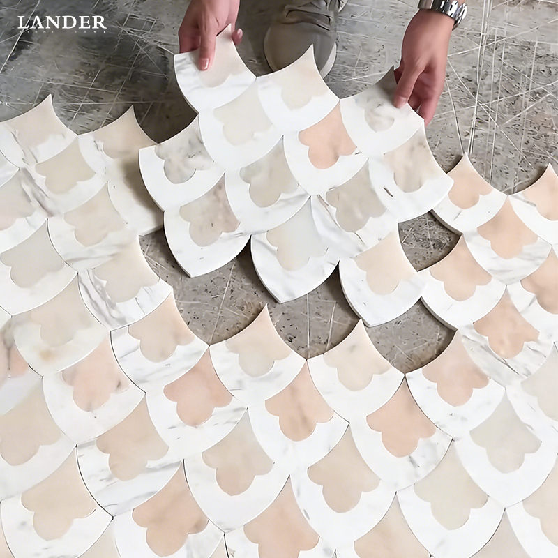 Rosa Portugallo and Volakas Marble Waterjet Mosaic Tiles - LanderStone