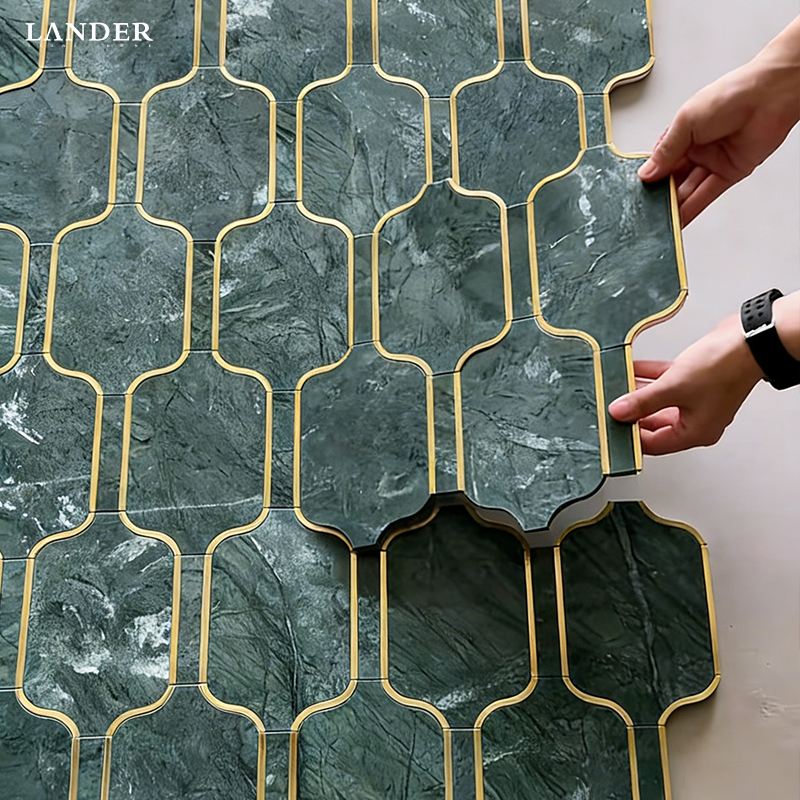 Verde Guatemala Marble and Metal Waterjet Mosaic Tiles Lantern Style ...