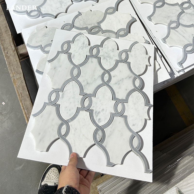Bianco Carrara and Italy Gray Marble Waterjet Mosaic Tiles - LanderStone