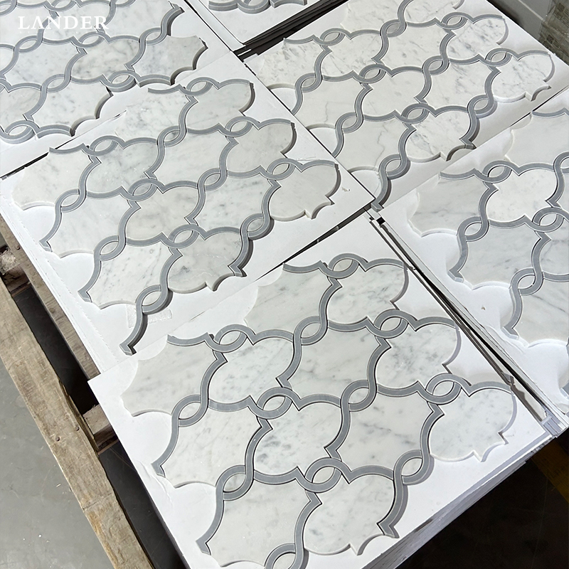 Bianco Carrara and Italy Gray Marble Waterjet Mosaic Tiles - LanderStone