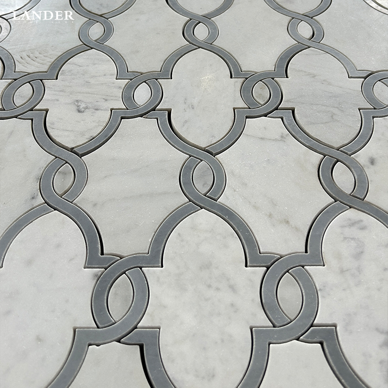 Bianco Carrara and Italy Gray Marble Waterjet Mosaic Tiles - LanderStone