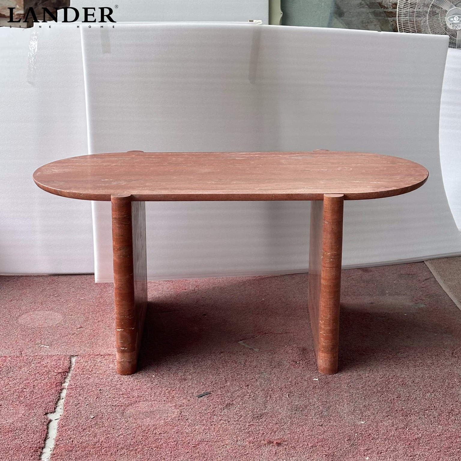 Red Travertine Marble Dining Table Oval - LanderStone