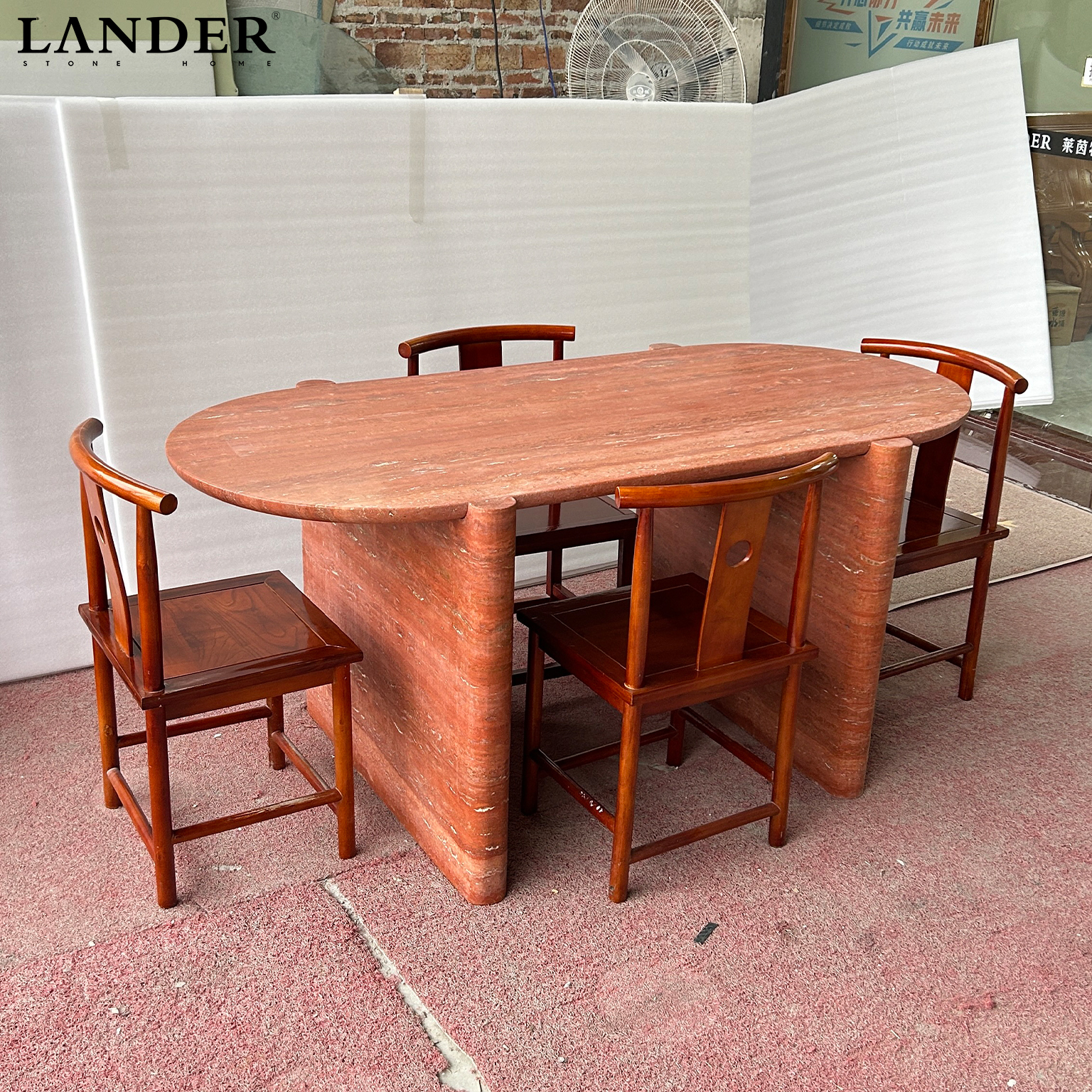 Red Travertine Marble Dining Table Oval - LanderStone