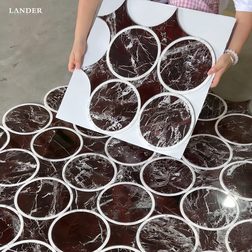 Rosa Levanto and Bianco Carrara Marble Waterjet Mosaic Tiles - LanderStone