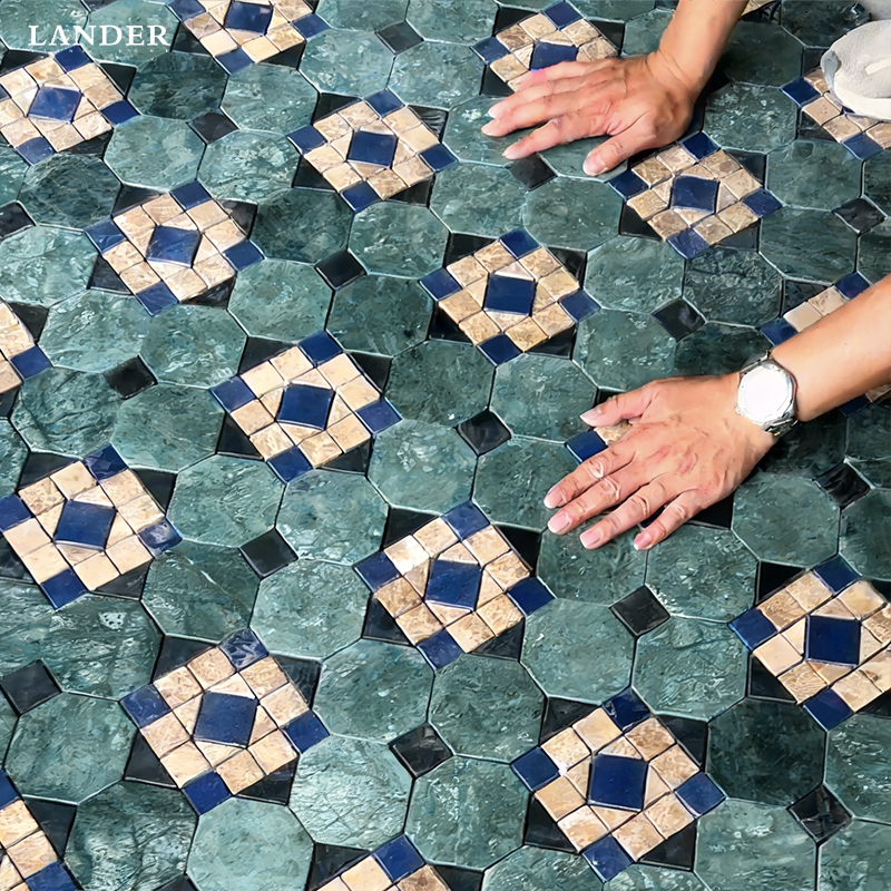Verde Guatemala and Emperador Light Marble Mosaic Tiles - LanderStone