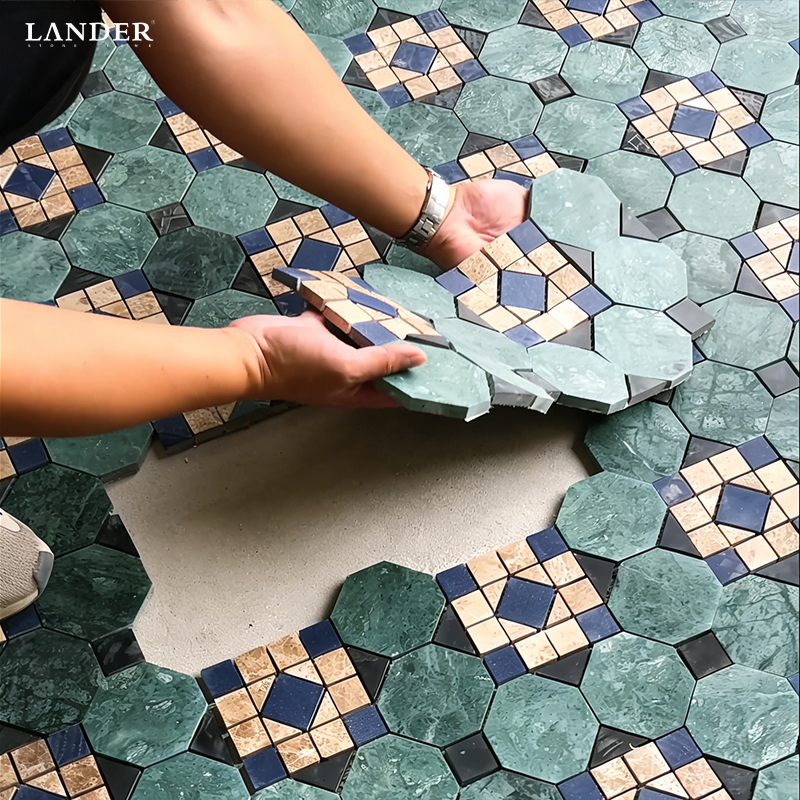 Verde Guatemala and Emperador Light Marble Mosaic Tiles - LanderStone