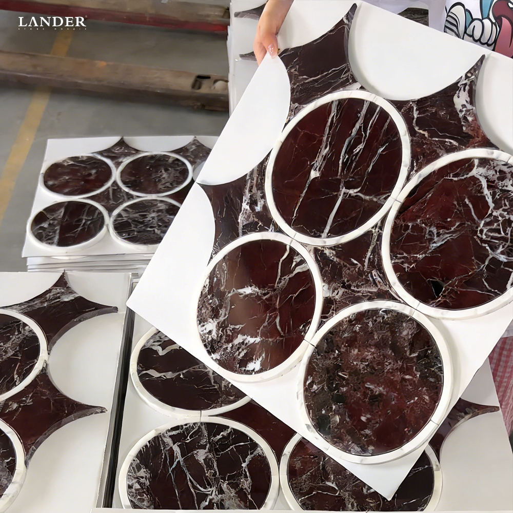 Rosa Levanto and Bianco Carrara Marble Waterjet Mosaic Tiles - LanderStone