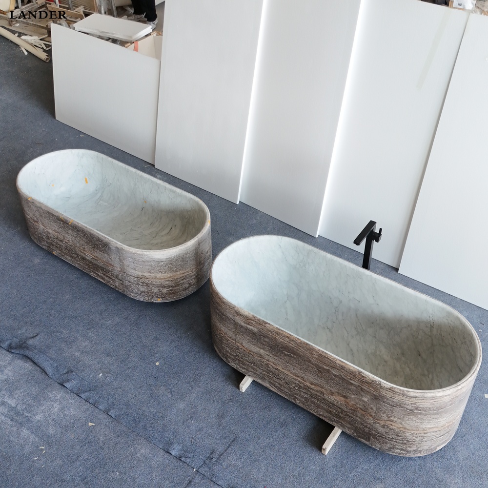 Gray Travertine and Bianco Carrara Marble Freestanding Tub | LanderStone